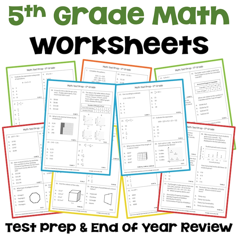 5th Grade Math Review Worksheets: Test Prep (PDF) - Etsy
