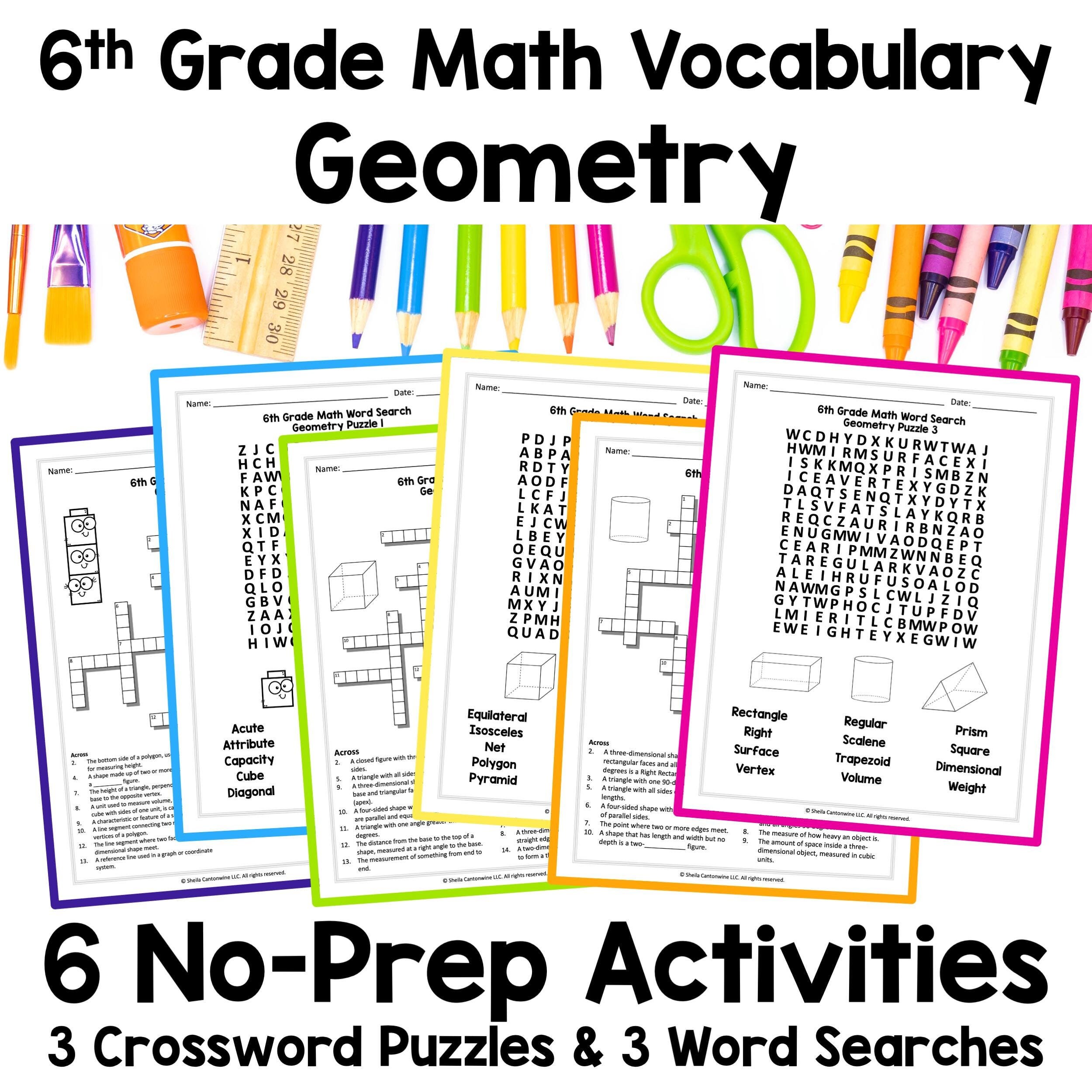 6th Grade Math Vocabulary Crossword Puzzles and Word Searches - No Prep ...