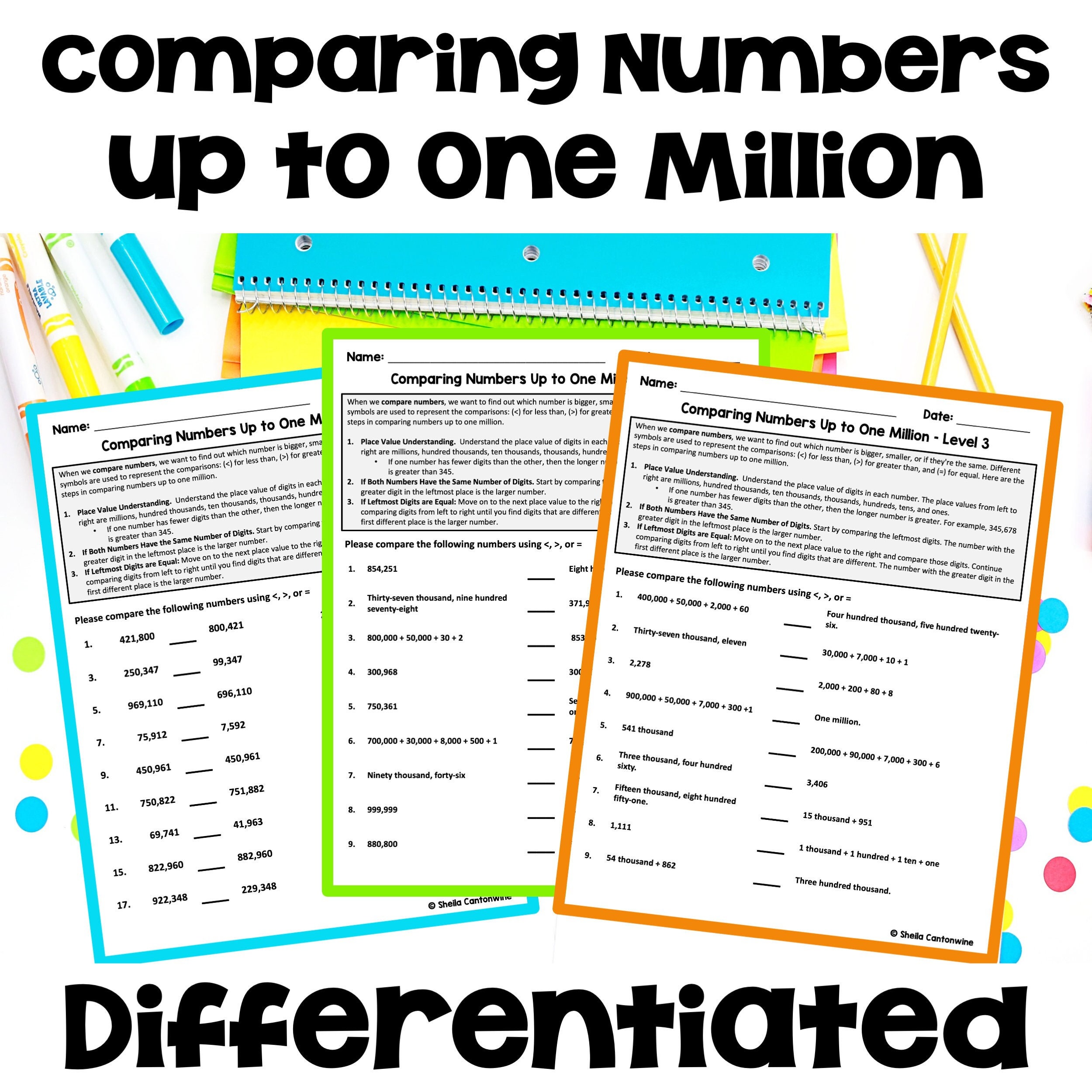 Comparing Numbers up to One Million - Differentiated Worksheets - Etsy