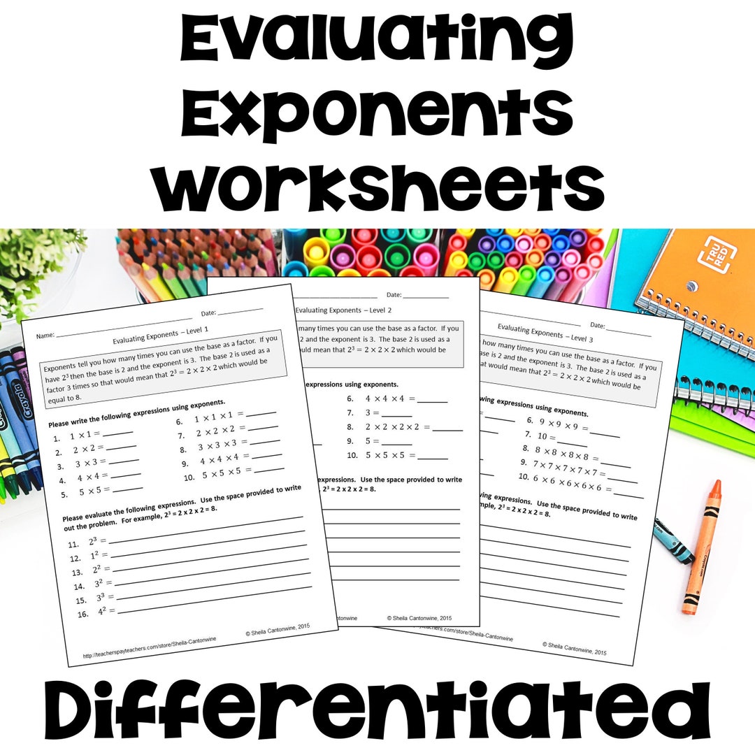 Evaluating Exponents Worksheets - Differentiated - Etsy