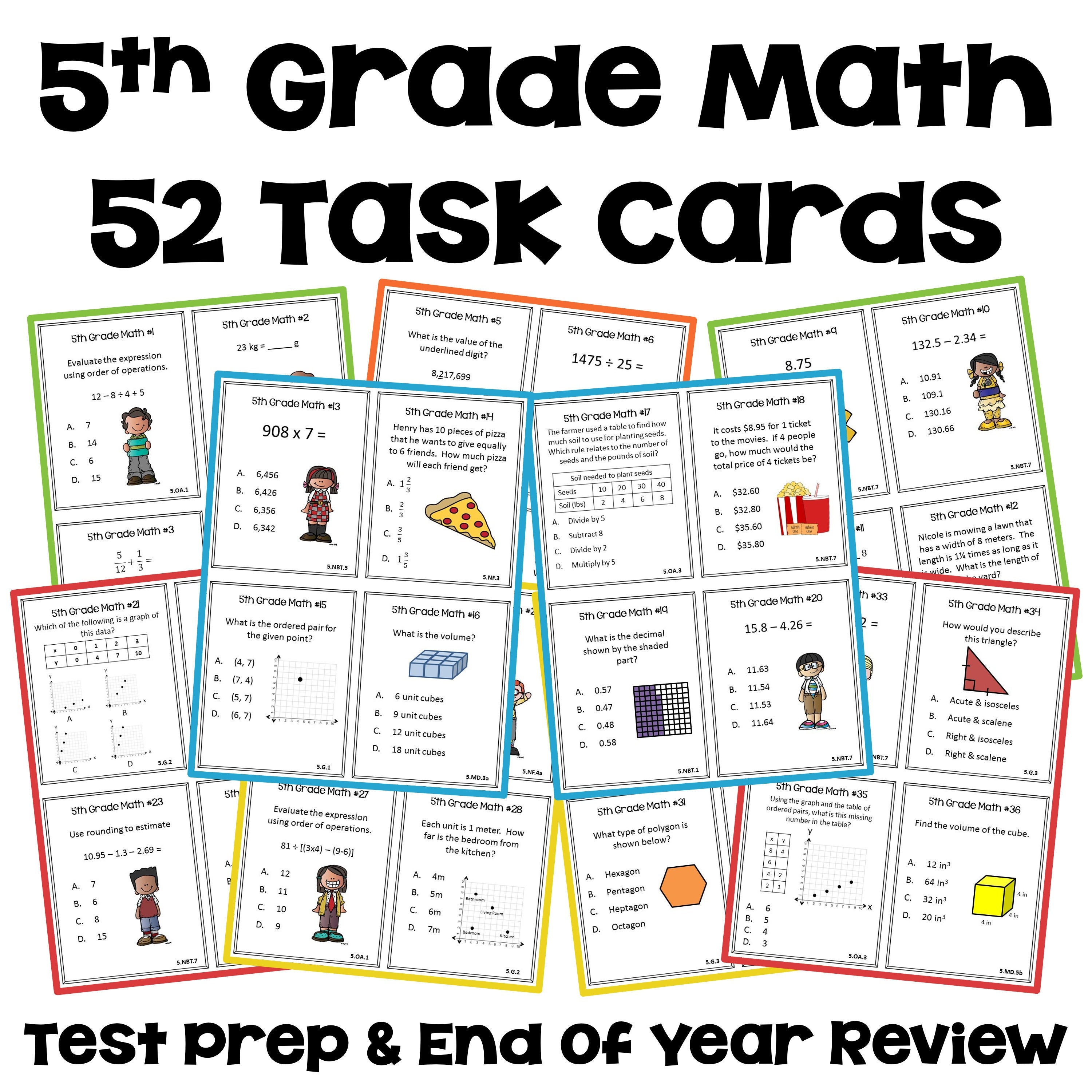 5th Grade Math Task Cards for End of Year Review and Test Pep - Etsy