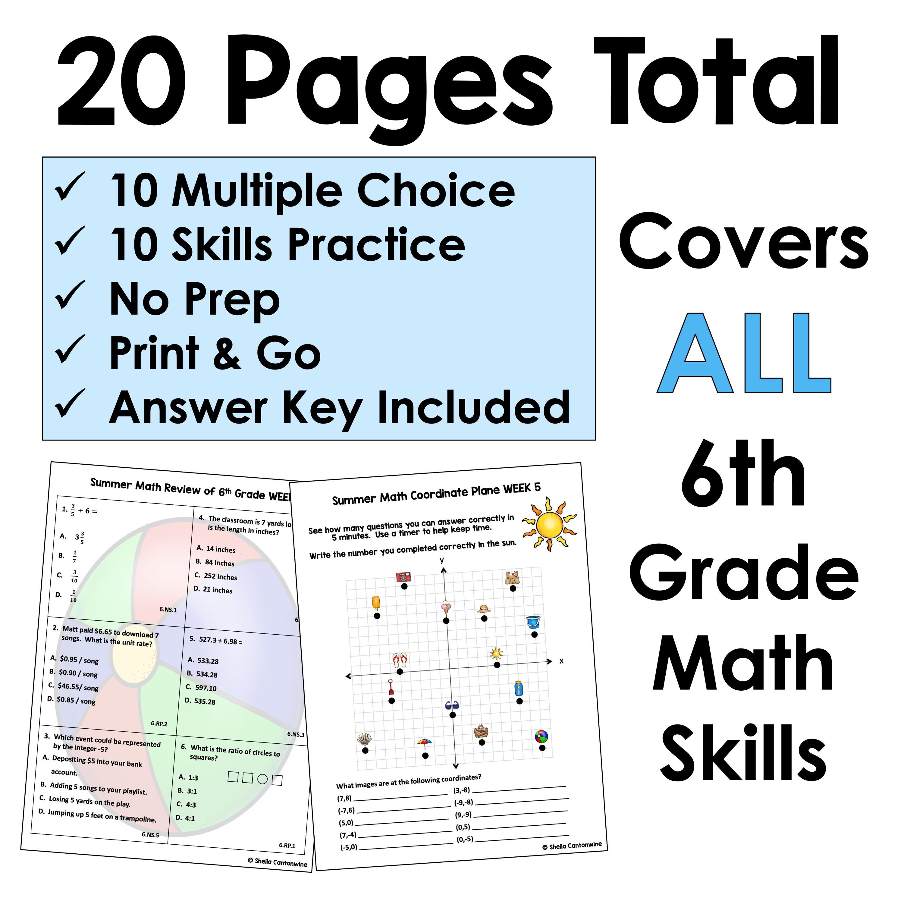 6th Grade Math Summer Review Packet Worksheets - No Prep Activities for ...