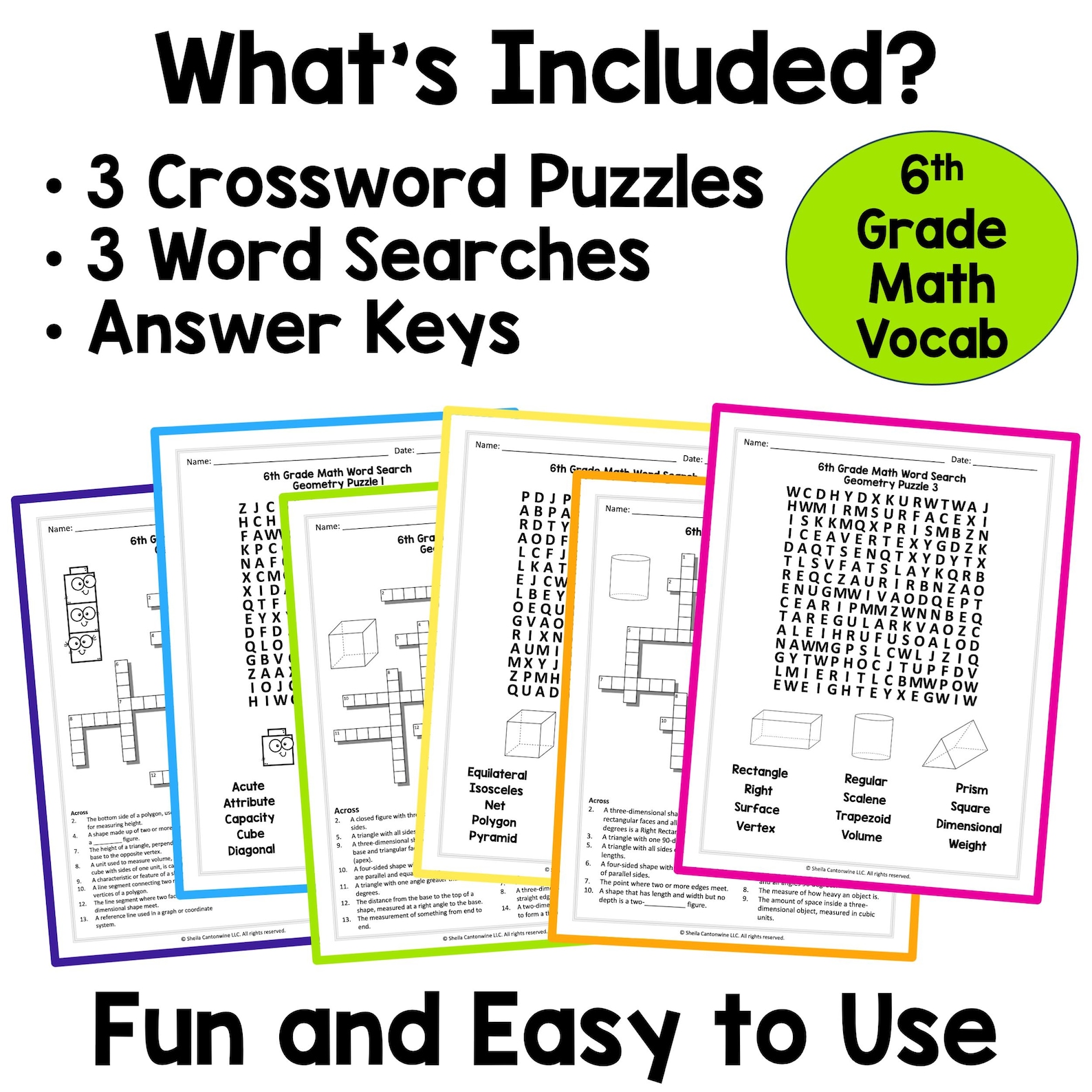 6th Grade Math Vocabulary Crossword Puzzles and Word Searches - No Prep ...