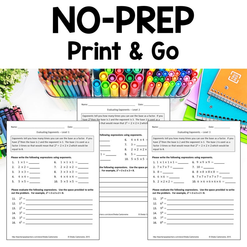 Evaluating Exponents Worksheets Differentiated - Etsy