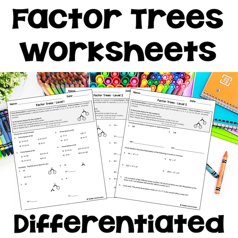 Prime Factorization and Factor Trees Worksheets - Differentiated - Etsy