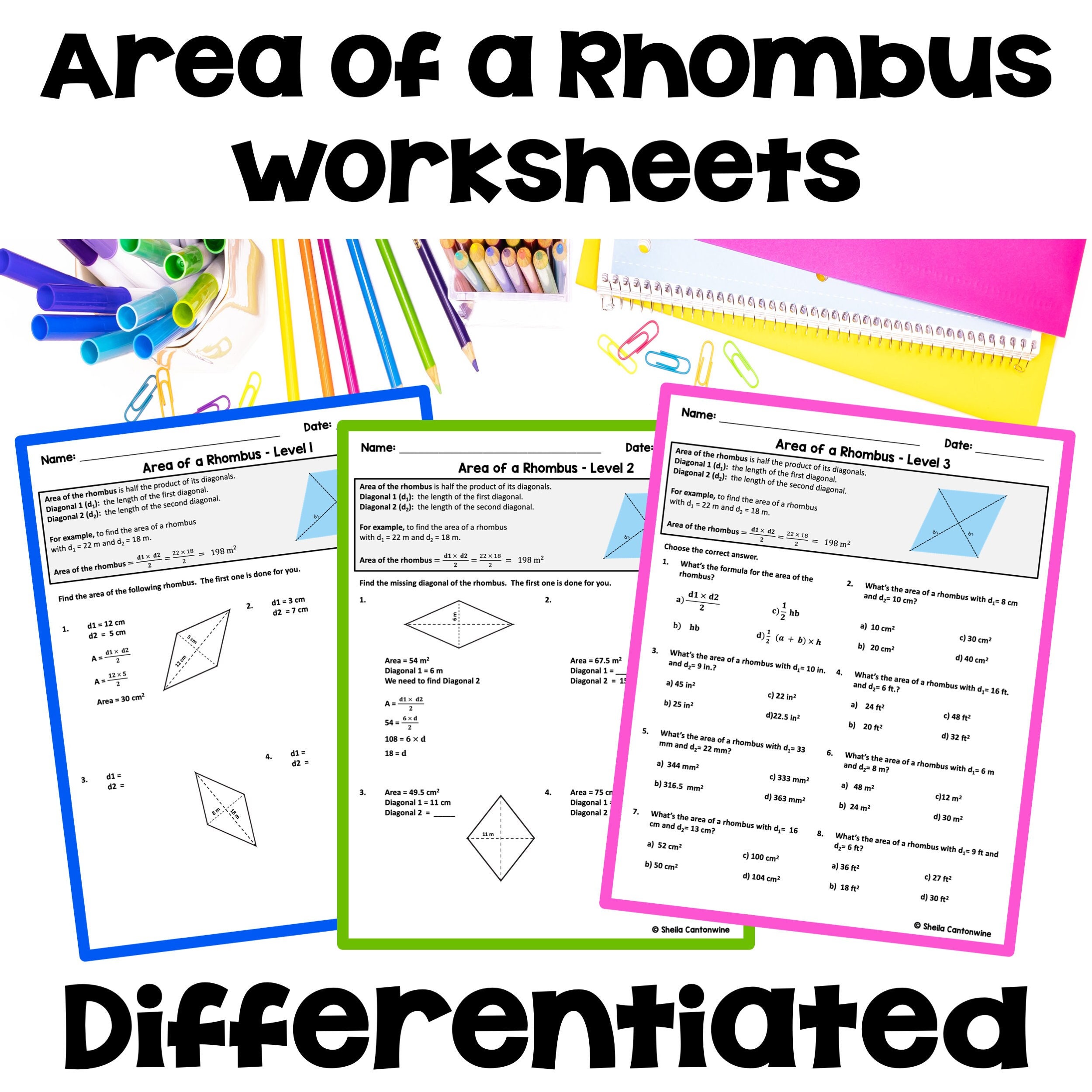 Area of a Rhombus Worksheets - Differentiated - Etsy