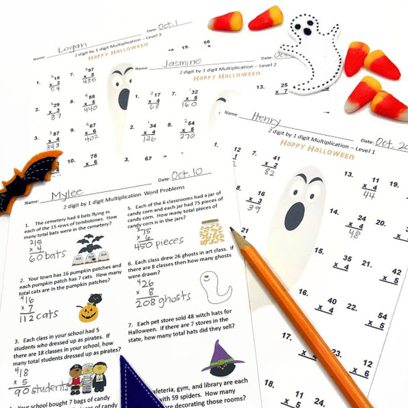 Halloween Math Worksheets for 2 Digit by 1 Digit Multiplication - Etsy