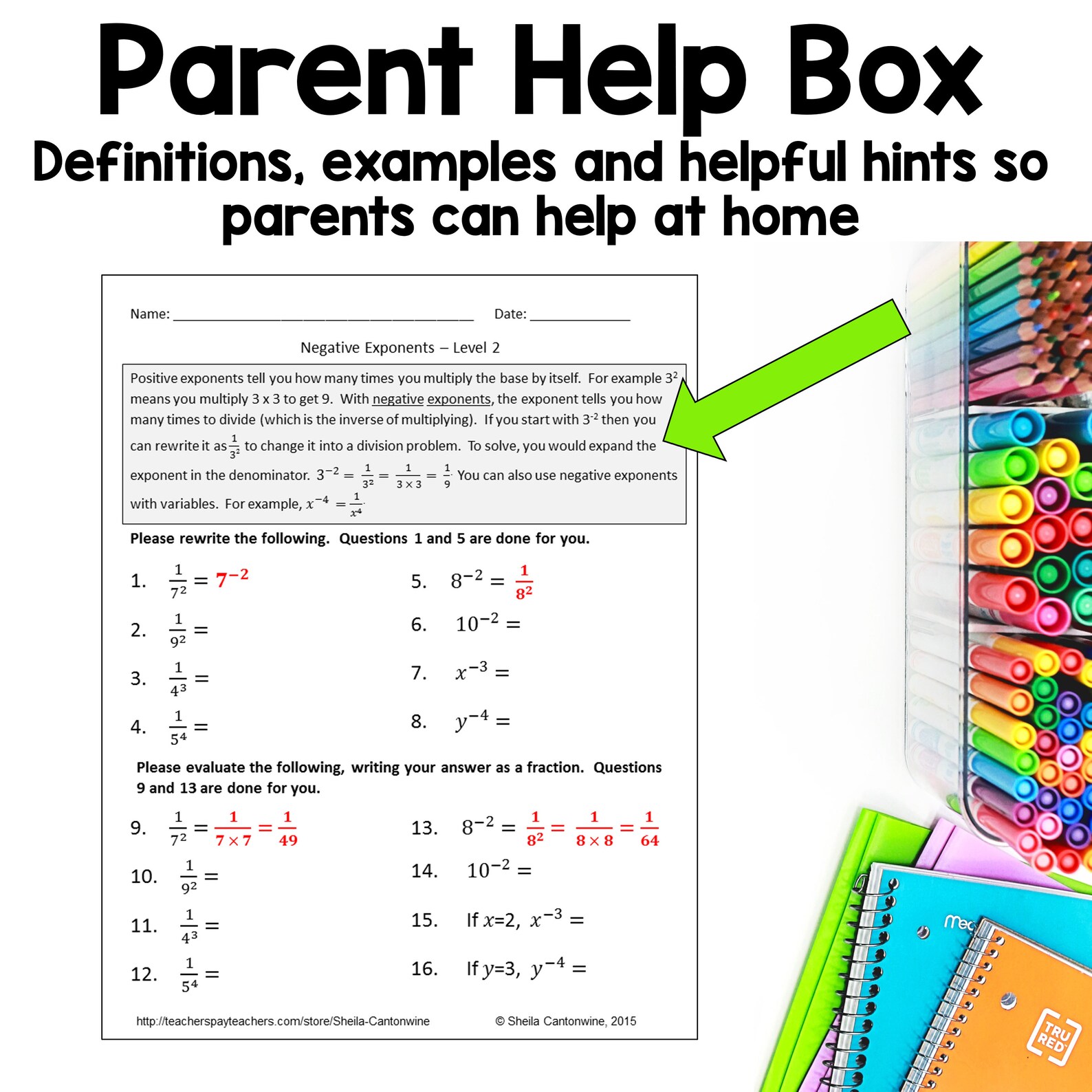 Negative Exponents Worksheets - Differentiated - Etsy
