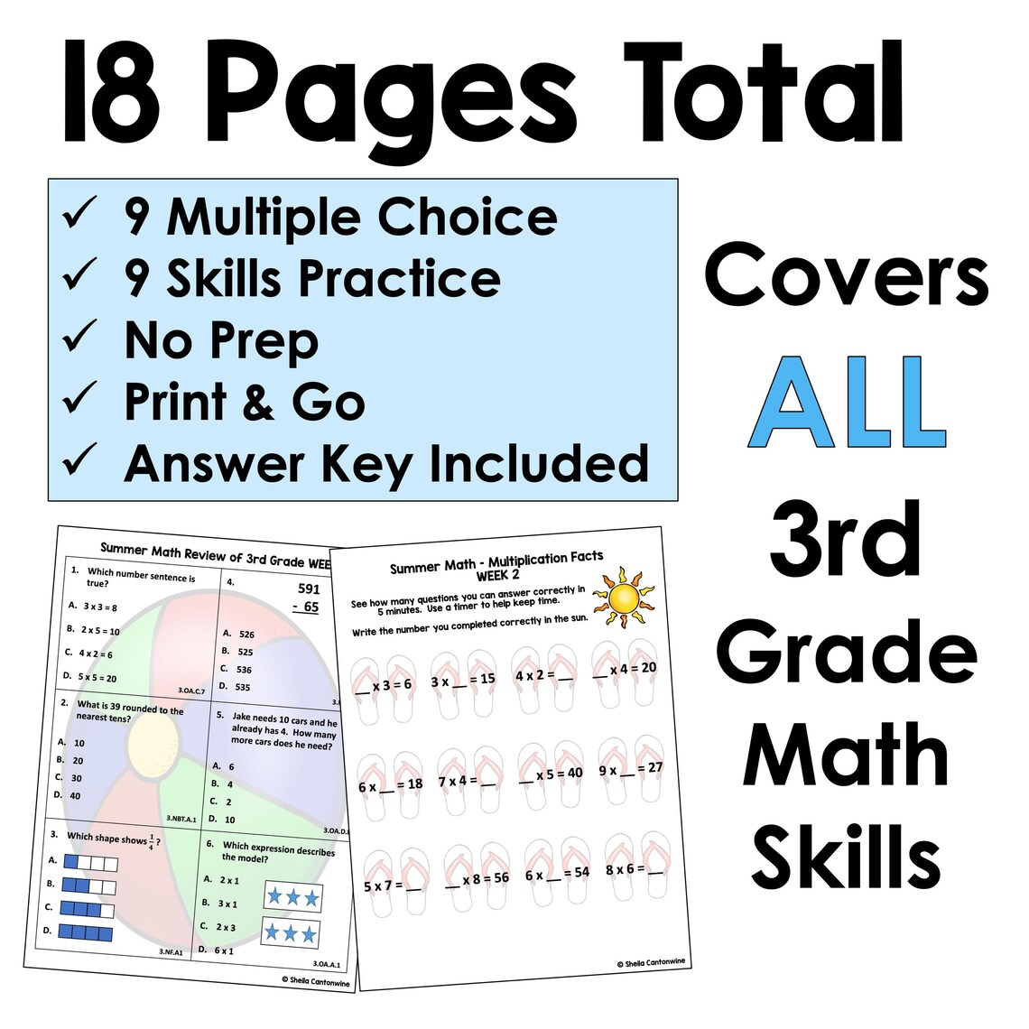 3rd Grade Math Summer Review Packet Worksheets - No Prep Activities for ...