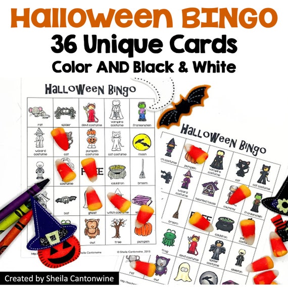 Halloween Bingo With Color and Black and White Bingo Cards - Etsy