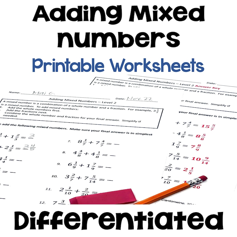 Adding Mixed Numbers Worksheets Differentiated - Etsy