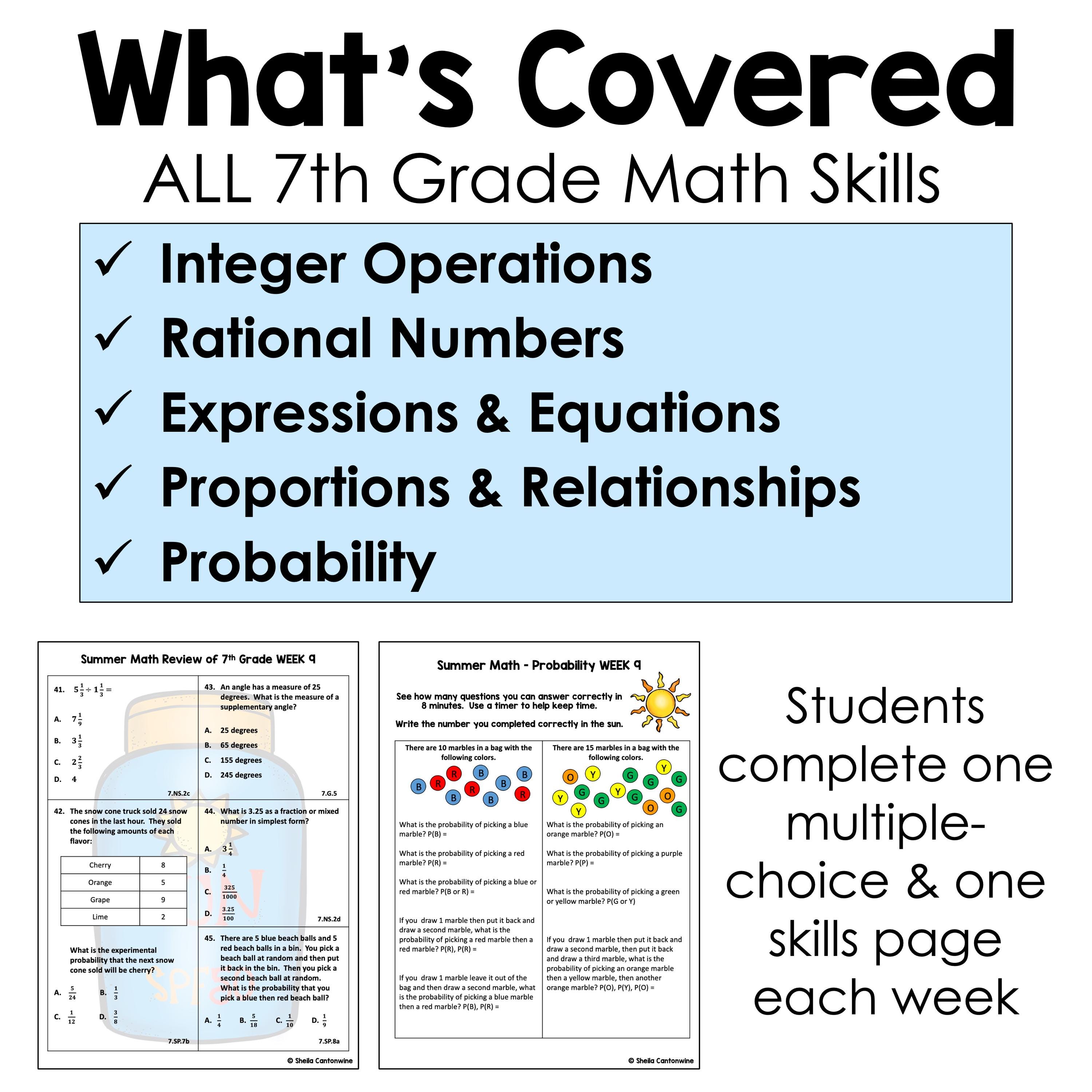 7th Grade Math Summer Review Packet Worksheets - No Prep Activities ...