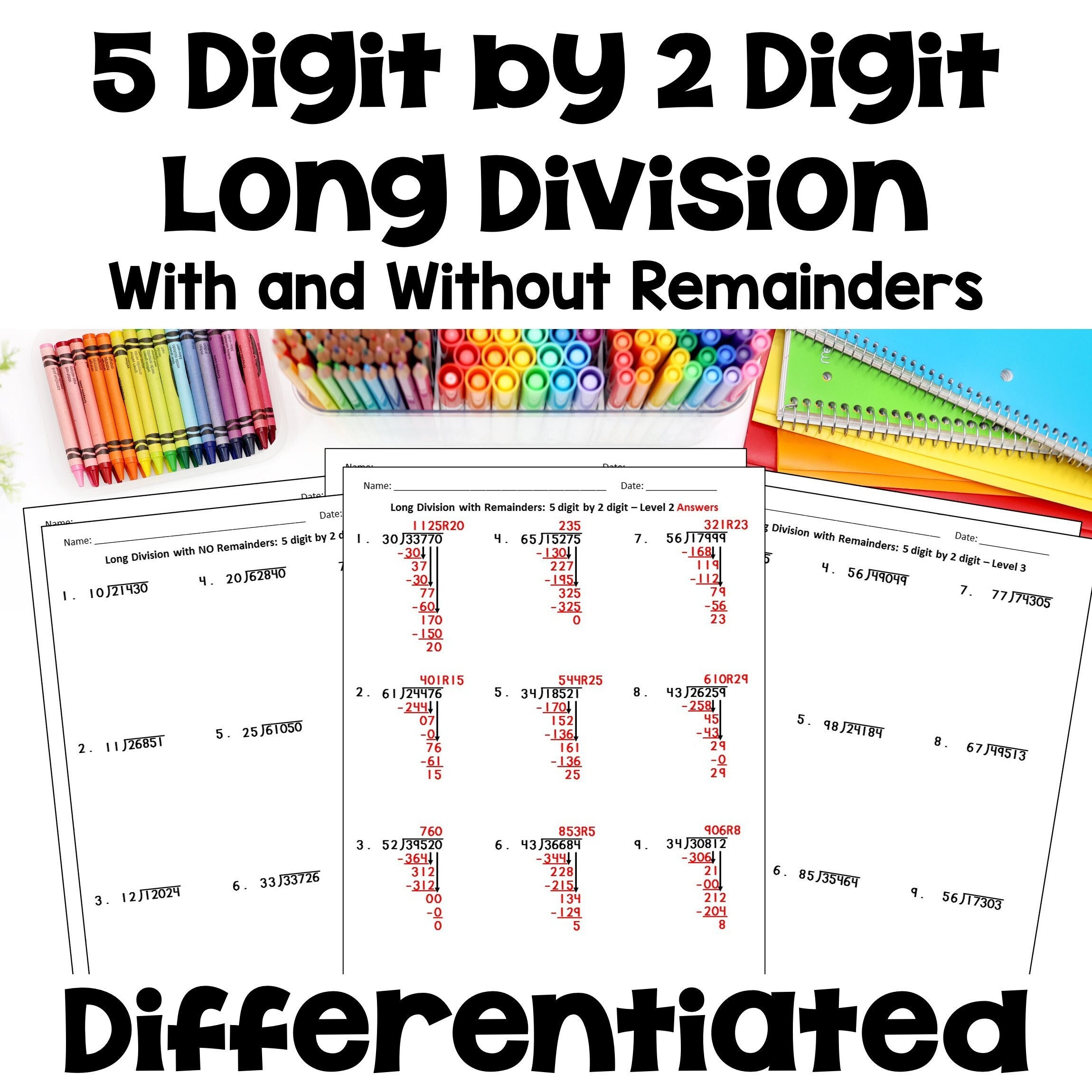 5 Digit by 2 Digit Long Division Worksheets With Detailed Answer Keys ...