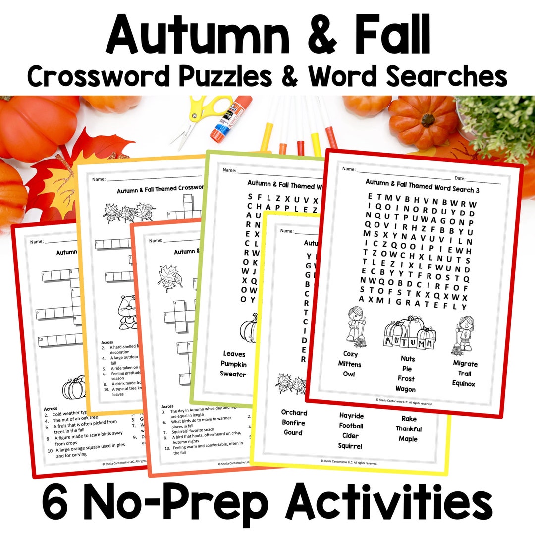 Autumn and Fall Crossword Puzzles and Word Searches - No Prep ...