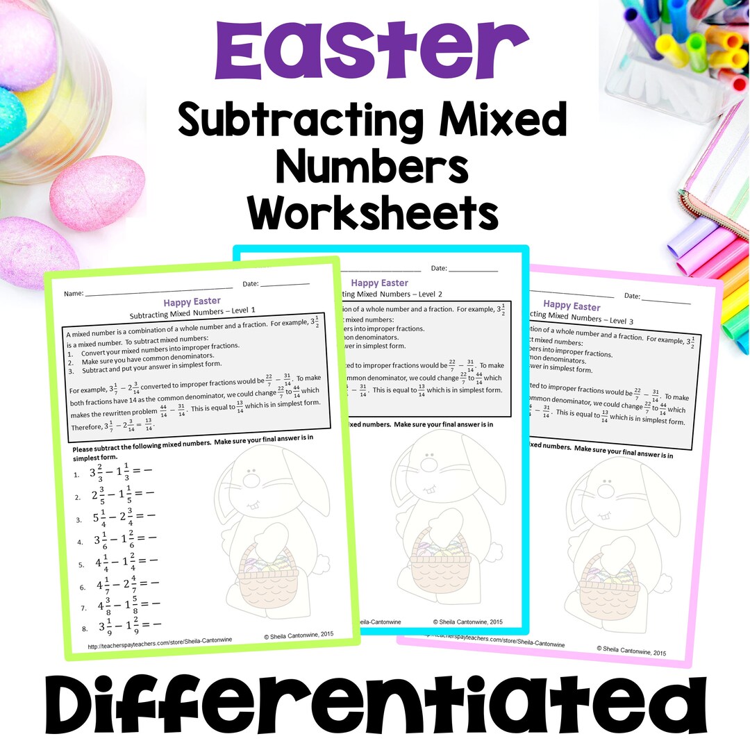 Easter Math Subtracting Mixed Numbers Worksheets - Differentiated - Etsy