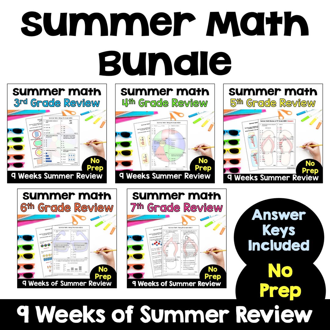 Summer Math Worksheet Bundle - Review of 3rd, 4th, 5th, 6th, and 7th ...