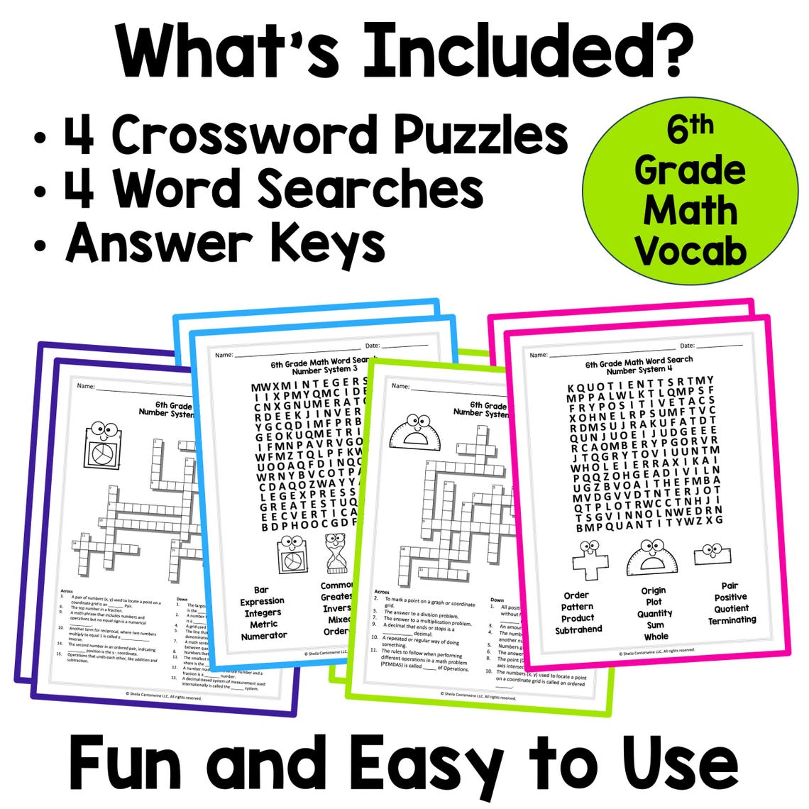 6th Grade Math Vocabulary Crossword Puzzles and Word Searches - No Prep ...