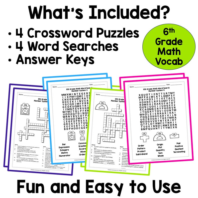 6th Grade Math Vocabulary Crossword Puzzles and Word Searches - No Prep ...