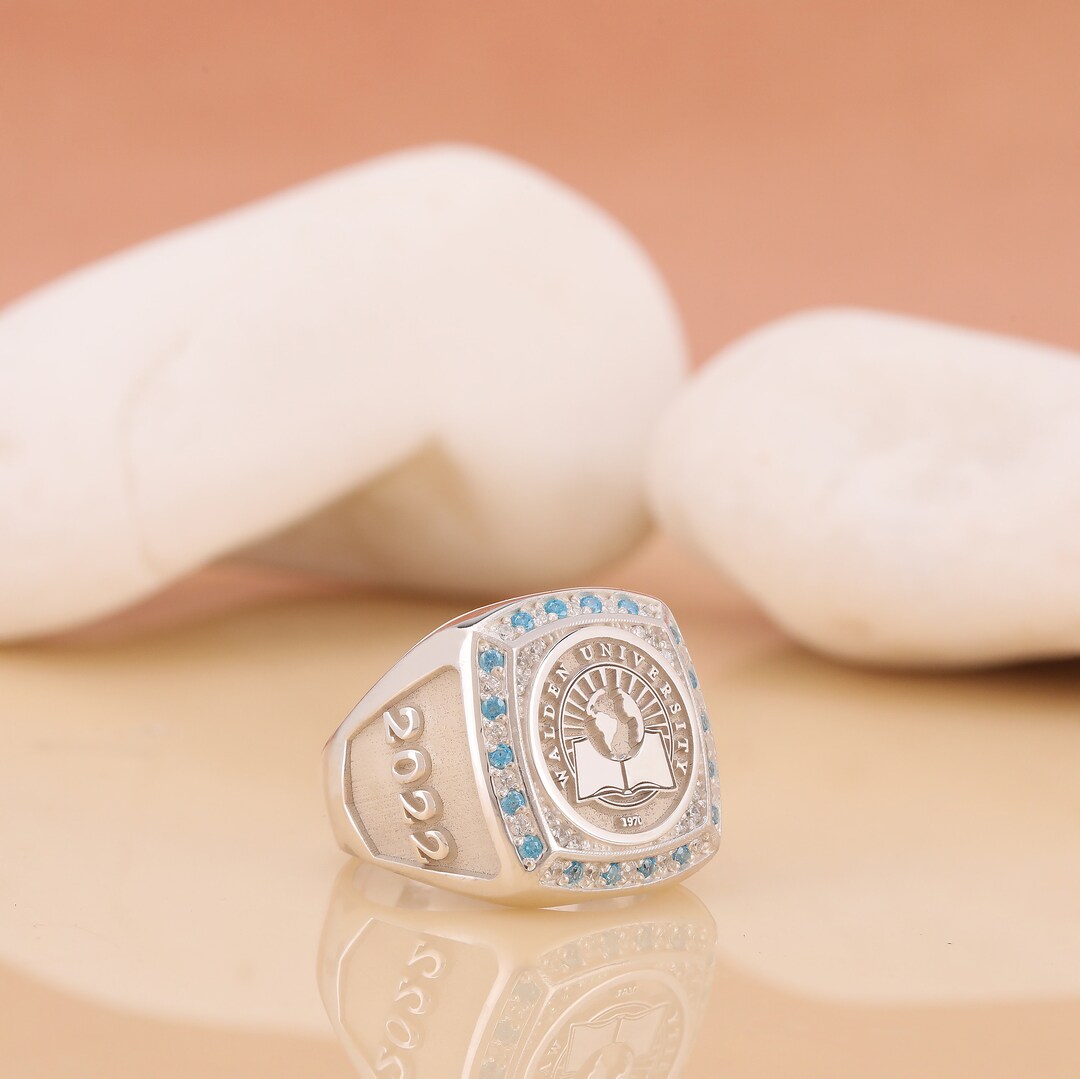 Custom Graduation Rings Men's & Women's Silver Rings With Blue Stones ...