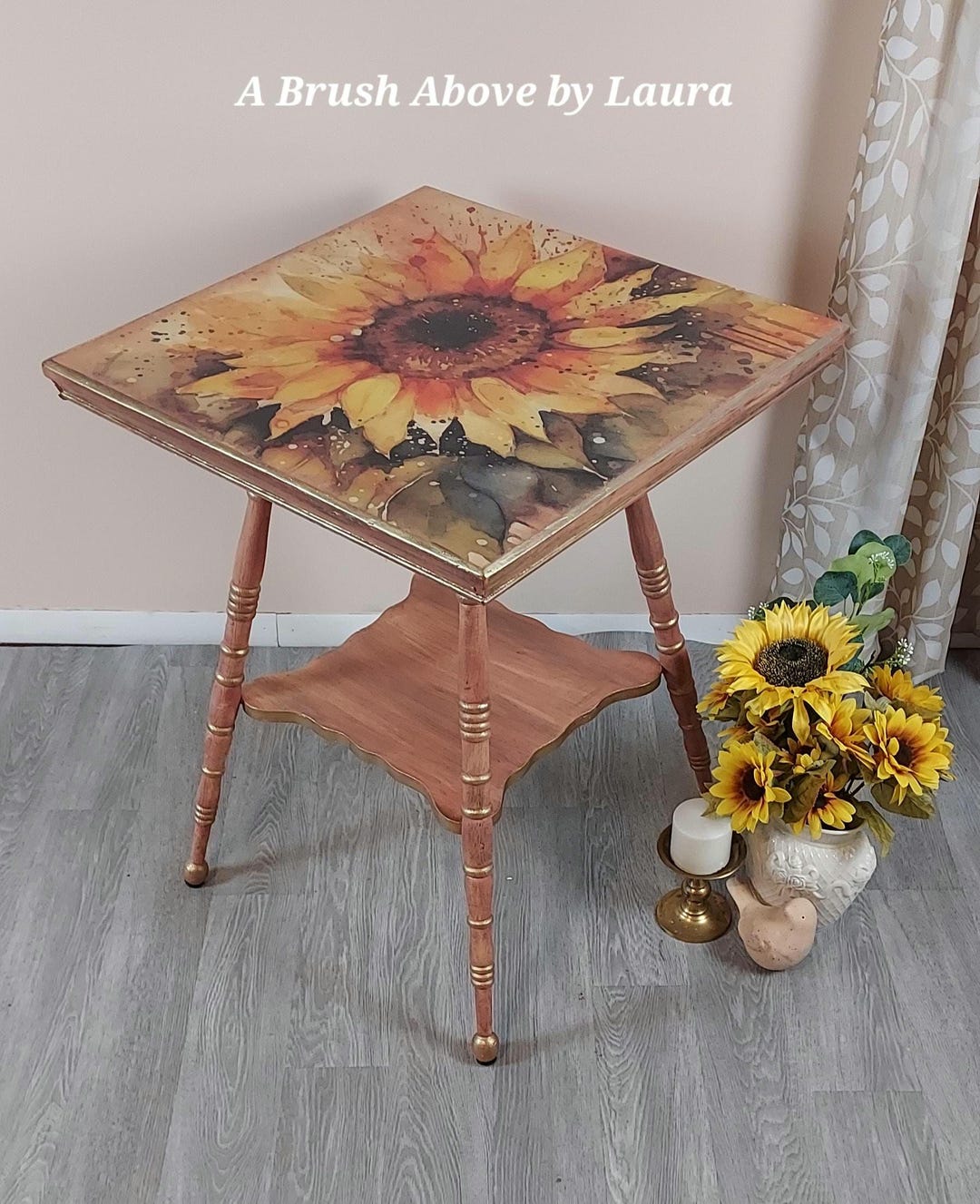 Vintage Oak Sunflower Accent Table - Etsy