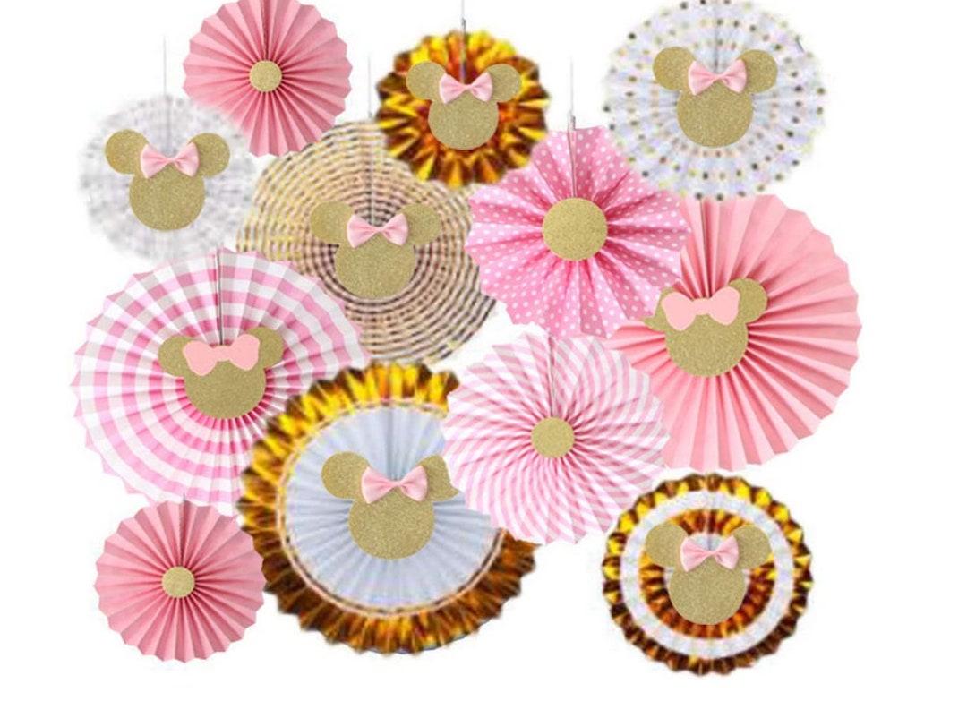 12 Pcs Pink Gold Glitter Minnie Mouse Tissue Paper Fans Minnie Birthday ...