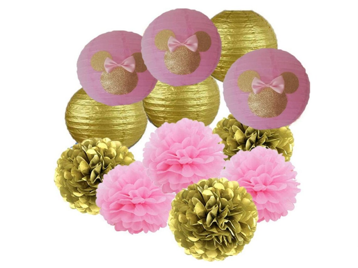 12pcs Pink and Gold Glitter Minnie Paper Flowers Pom Poms Balls and ...