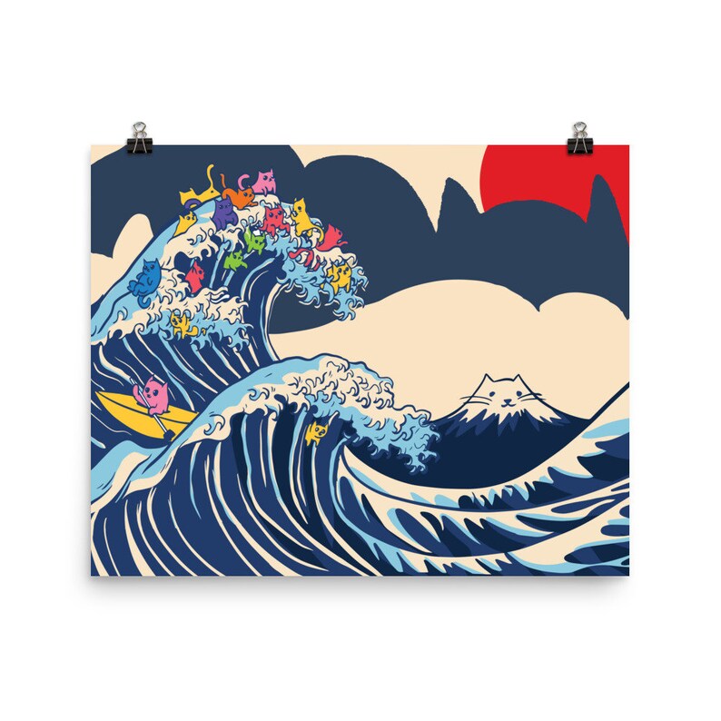 The Great Wave of Cats Wall Art Japanese Red Sun Wave by - Etsy