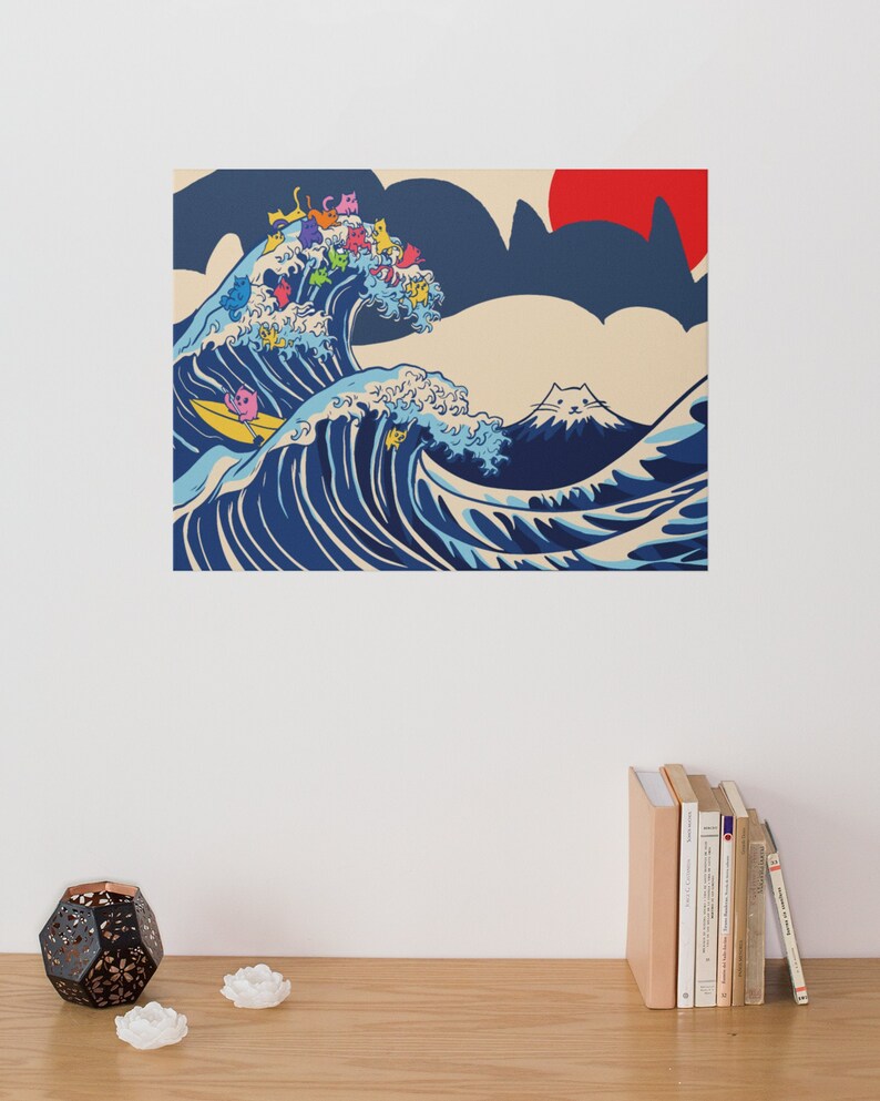 The Great Wave of Cats Wall Art - Japanese Red Sun Wave by Hokusai ...