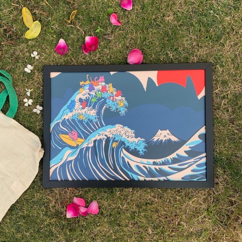 The Great Wave of Cats Wall Art - Japanese Red Sun Wave by Hokusai ...
