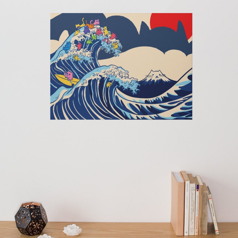 The Great Wave of Cats Wall Art Japanese Red Sun Wave by - Etsy