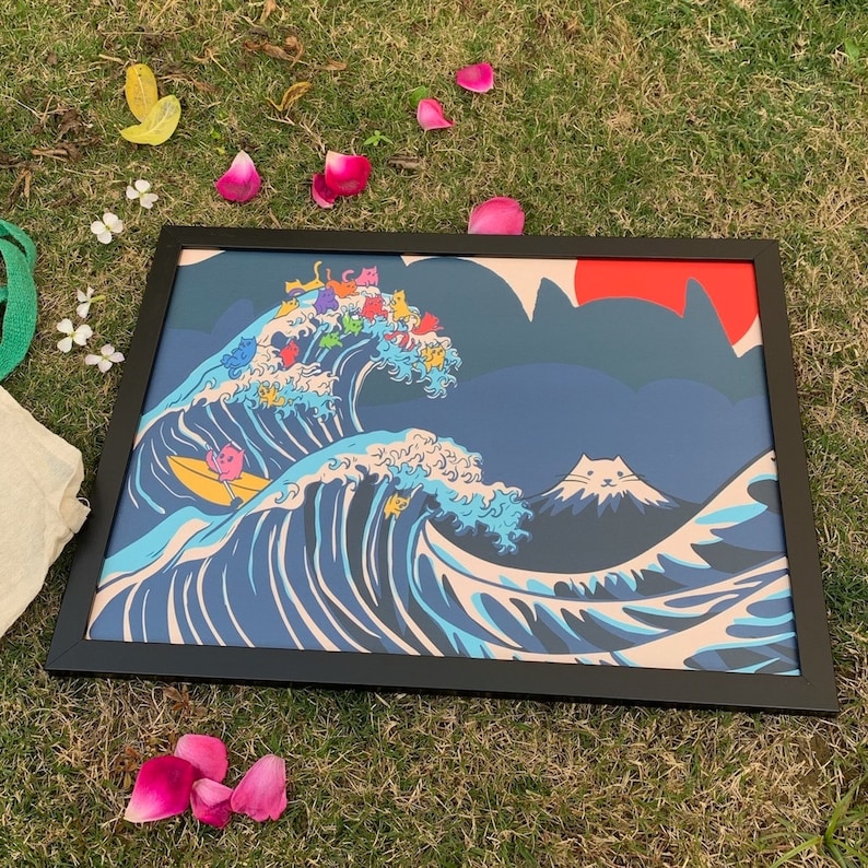 The Great Wave of Cats Wall Art - Japanese Red Sun Wave by Hokusai ...