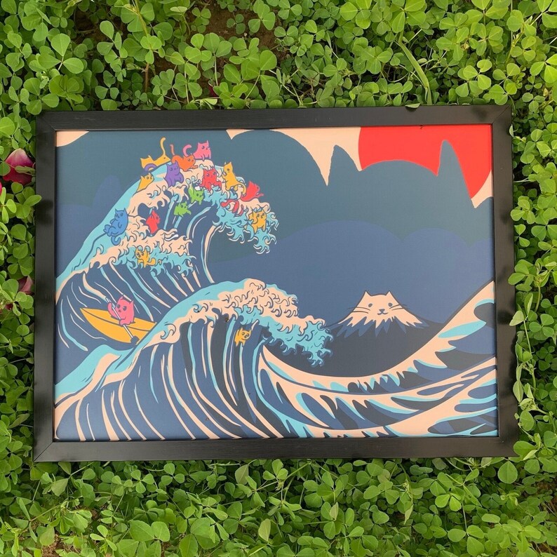 The Great Wave of Cats Wall Art - Japanese Red Sun Wave by Hokusai ...