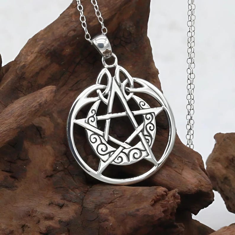 Wicca Protection Pentagram Pendant - .925 Sterling Silver Crescent Moon ...