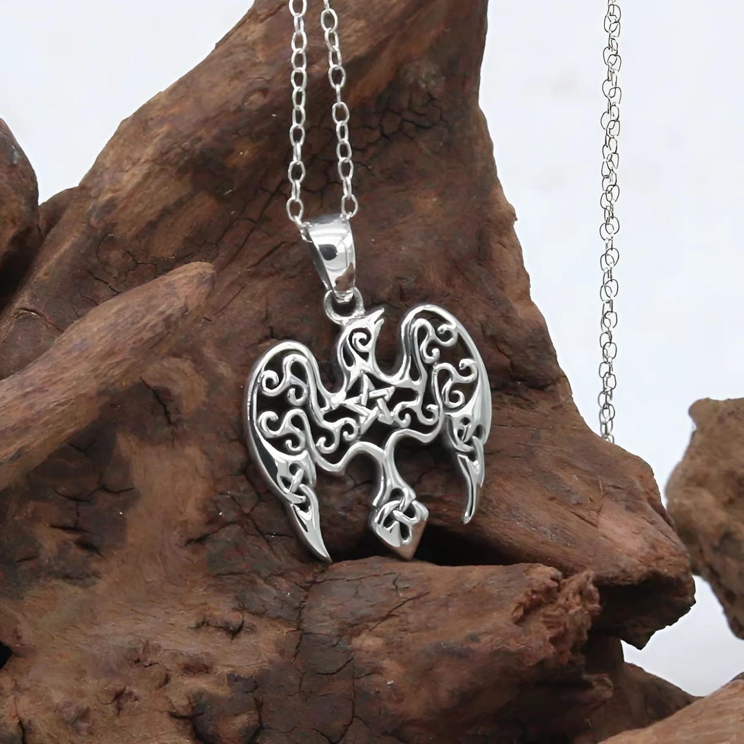Celtic Raven Pendant Necklace - .925 Sterling Silver Raven Crow With ...