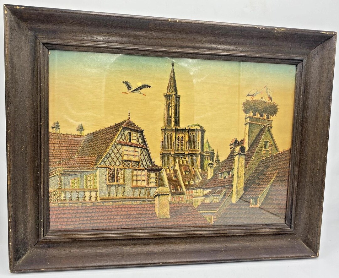 Large Antique French Colored Pyrography Early 1900's Woodwork ...