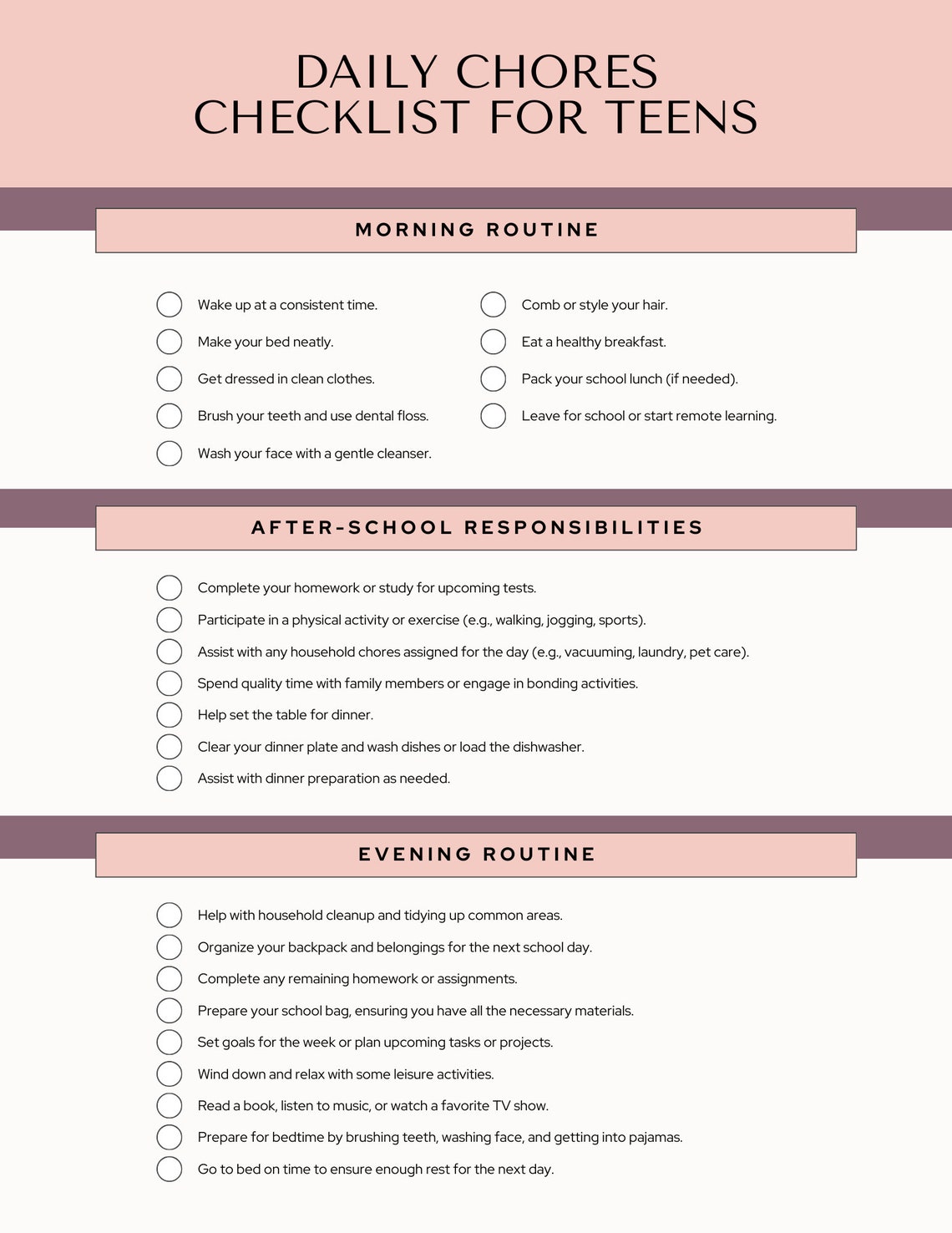Teen Chores Checklist Instant Download, Teenager Organization, Teens ...