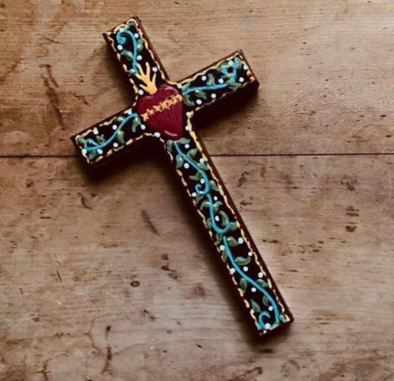 Hand Painted Sacred Heart Cross: Religious Wall Art - Etsy