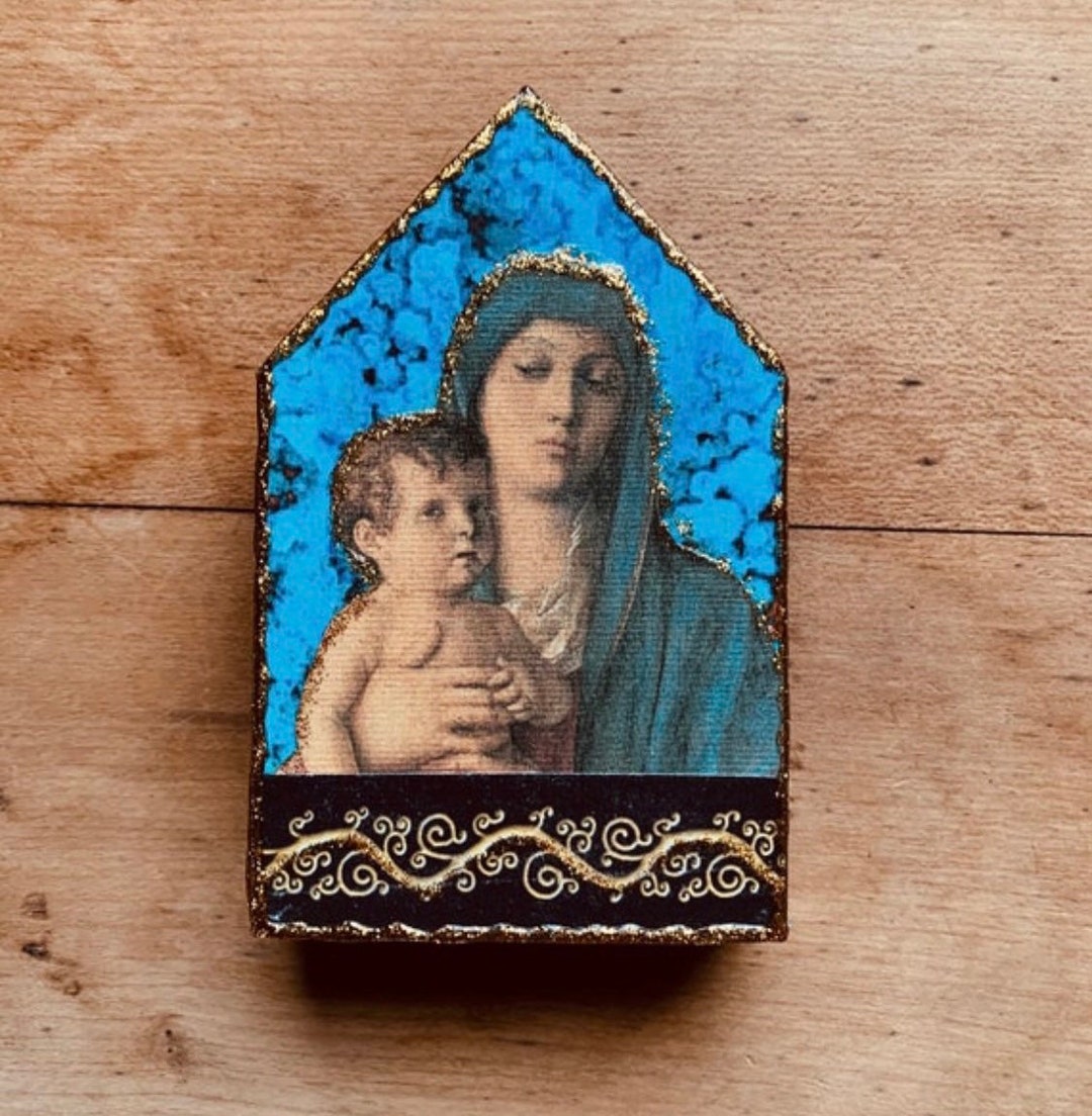 Blessed Mother and Baby Jesus, Little Shrine, Catholic Art Gift, Folk ...