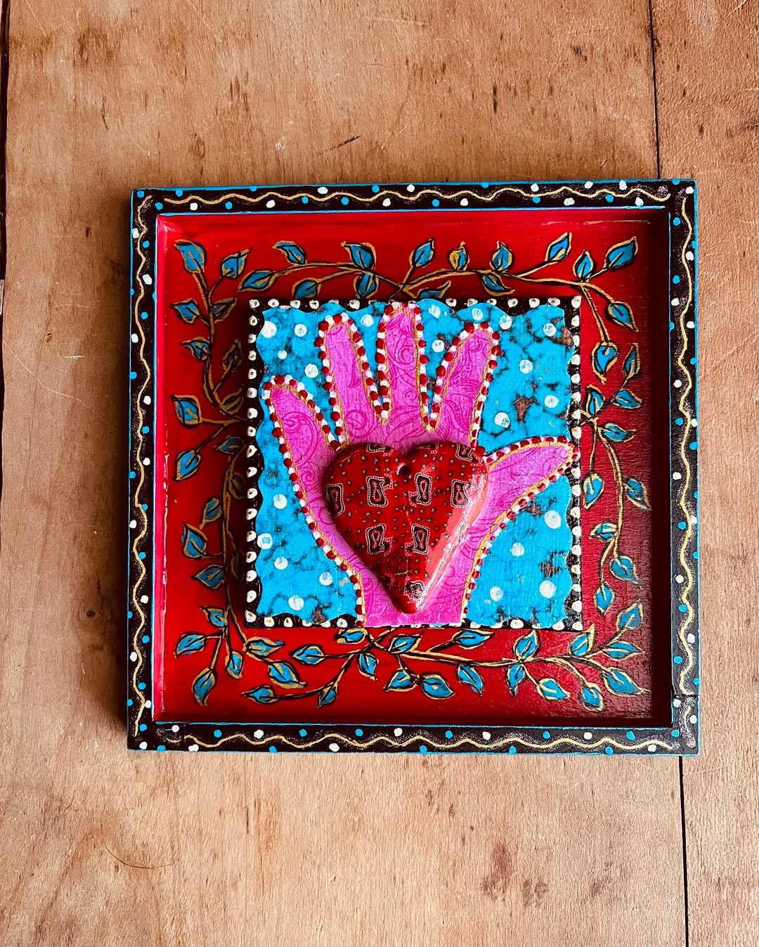 Hand-painted Heart in Hand Folk Art - Framed Recycled Media - Etsy