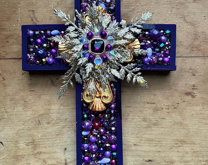 Purple Embellished Cross, Found Object Mixed Media Wall Decor - Etsy