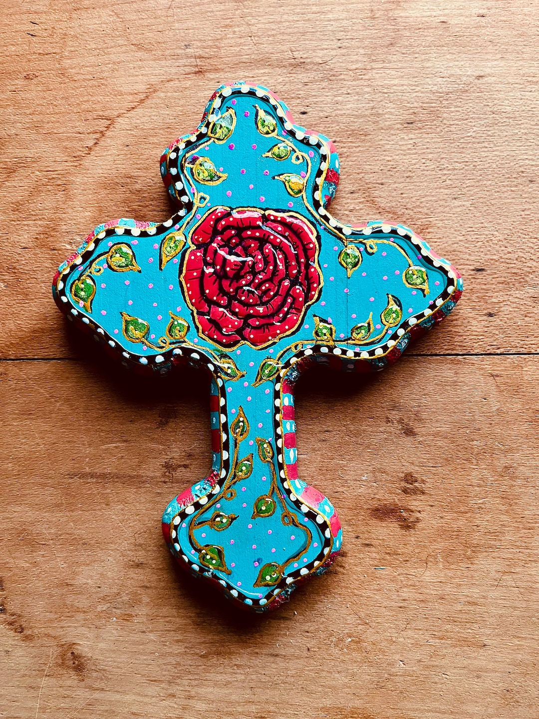 Hand Painted Red Rose Cross: Folk Art Wood Wall Decor, Mother’s Day ...