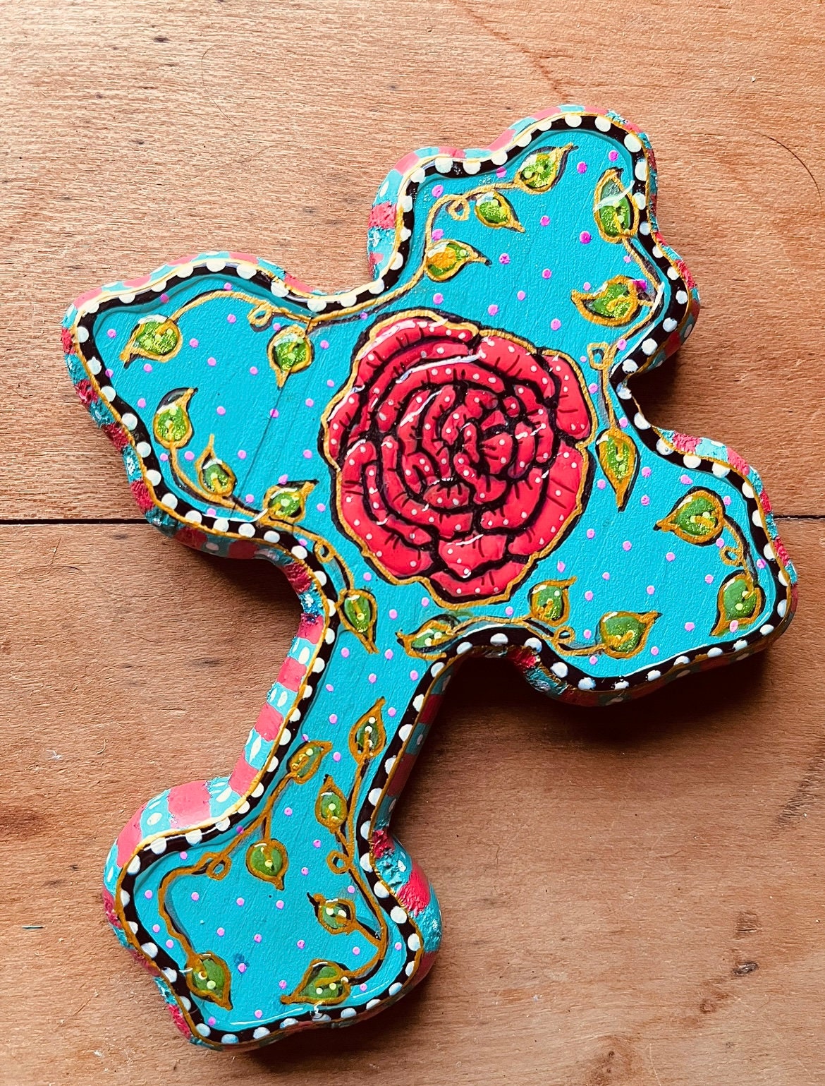 Hand Painted Red Rose Cross: Folk Art Wood Wall Decor, Mother’s Day ...