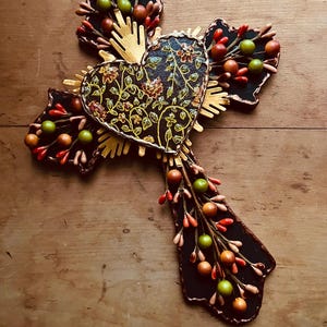 Hand Painted Decoupage Heart Cross: Autumn Theme Wall Decor Art Cross ...