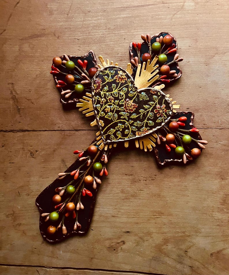 Hand Painted Decoupage Heart Cross: Autumn Theme Wall Decor Art Cross ...