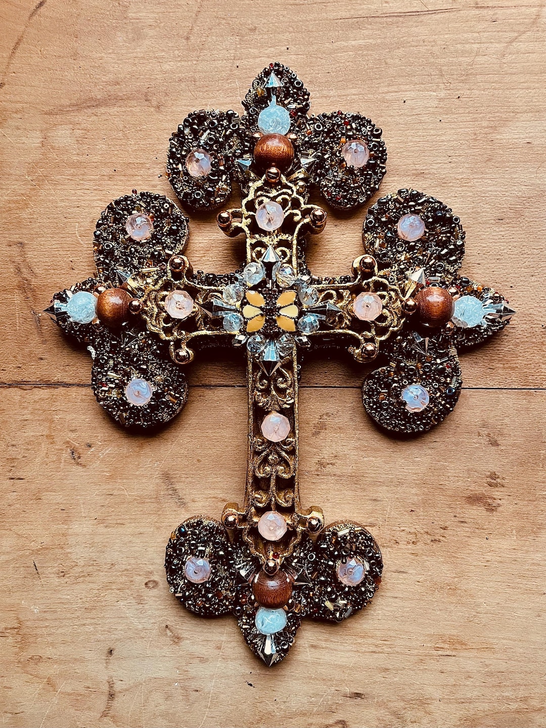 Handmade Religious Wall Cross, Recycled Jewelry Pieces, Beads on Art ...