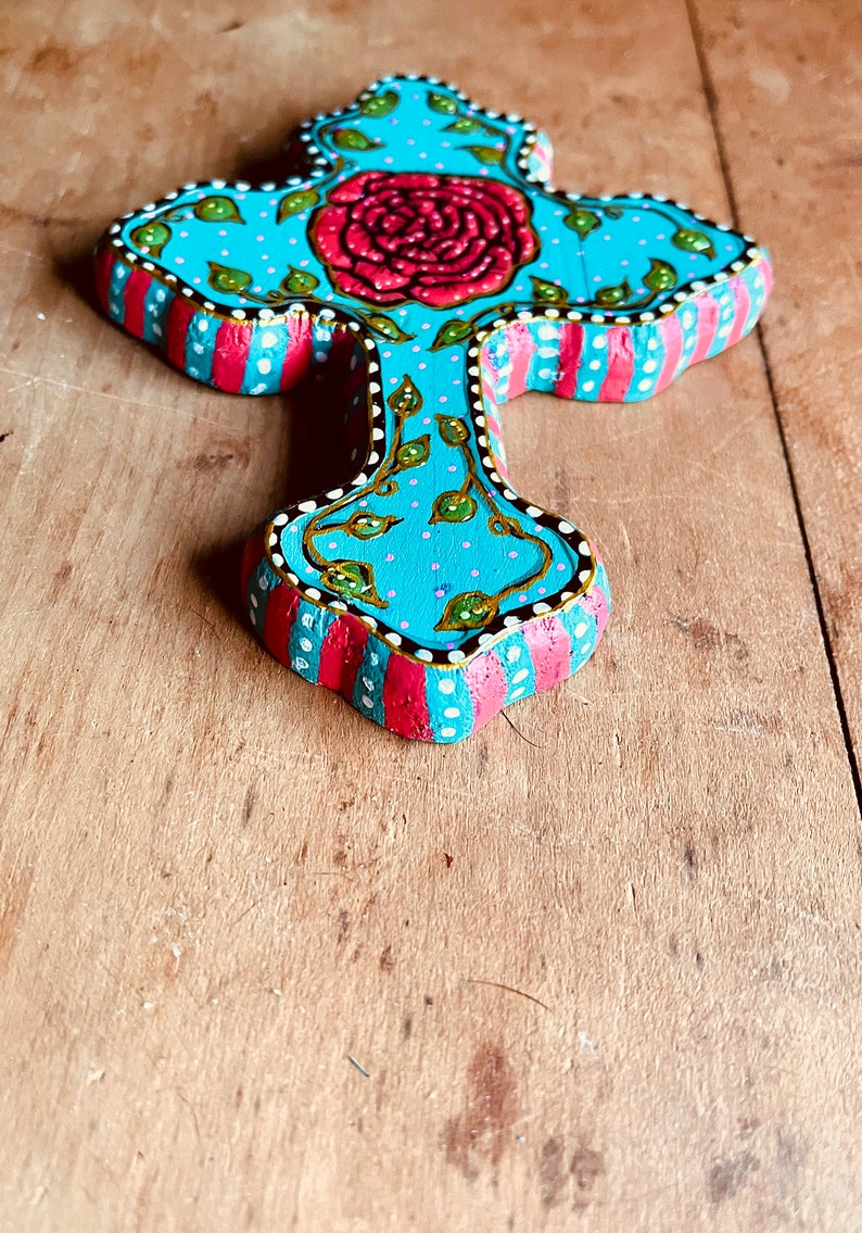 Hand Painted Red Rose Cross: Folk Art Wood Wall Decor, Mother’s Day ...