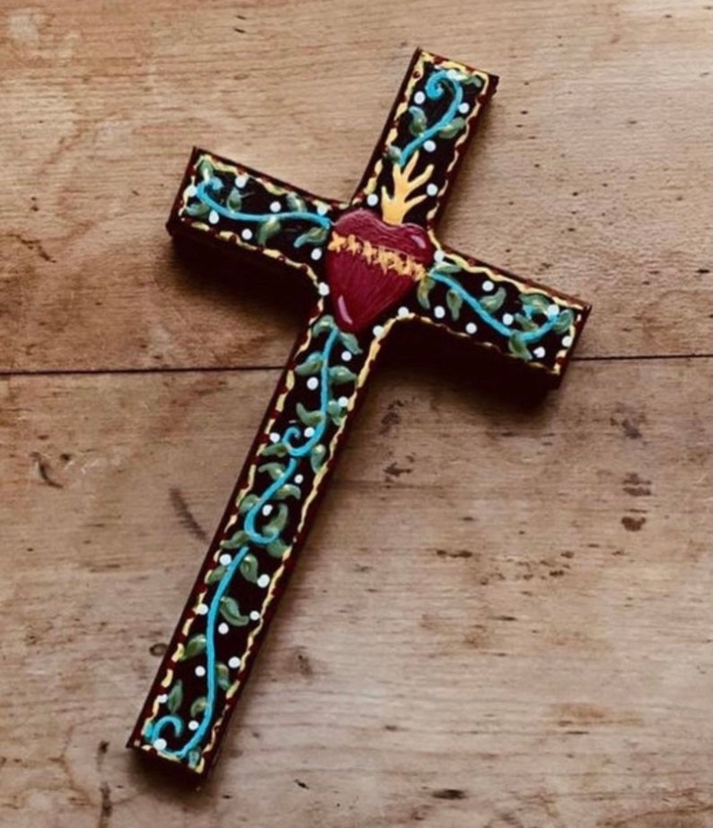 Hand Painted Sacred Heart Cross: Religious Wall Art, Christian Home ...