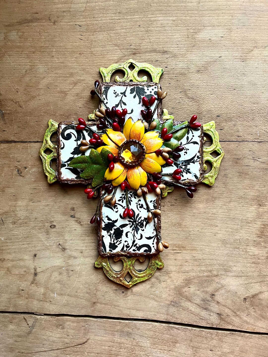 Sunflower Cross, One of a Kind Cross, Handmade, Wall Cross, Religious ...