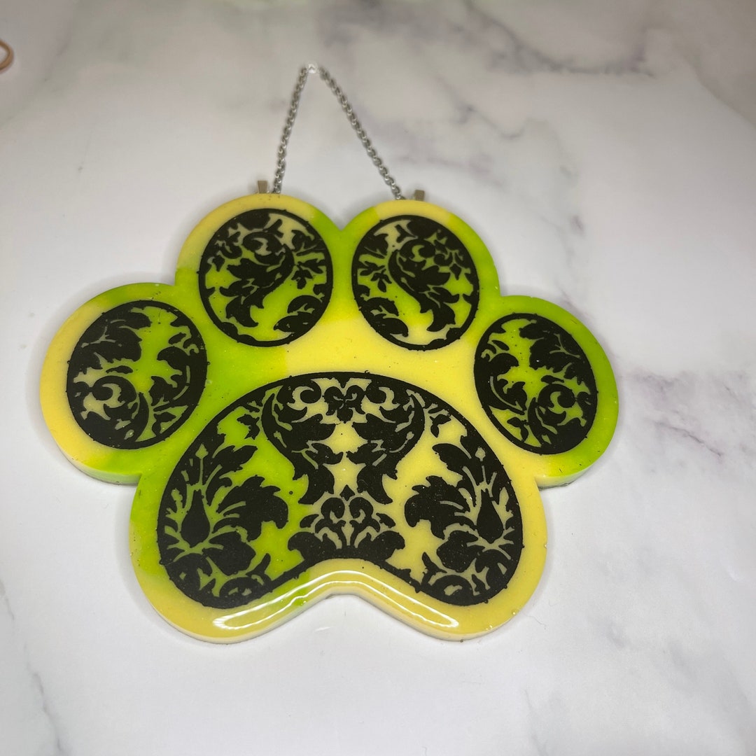 Green, Black, and Yellow Paw Print Resin Wall Hanging With Attached ...