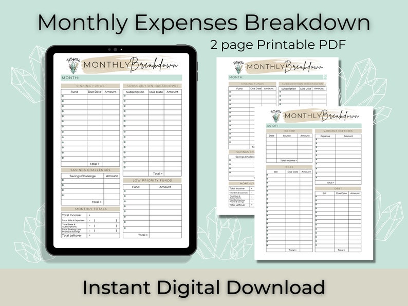 Monthly Expense Breakdown DIGITAL DOWNLOAD Printable PDF - Etsy